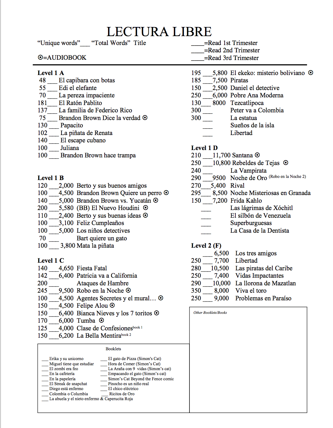 FVR Reading Log | SpanishPlans.org